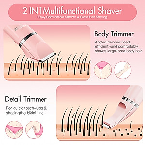 AIBRIT PRO Electric Bikini Trimmer for Women - 2 in 1 Electric Lady Pubic Hair Groomer Painless Hair Removal Razor Body Shaver, Portable Ladies Shaver with 2 Trimmer Heads, IPX7 Waterproof