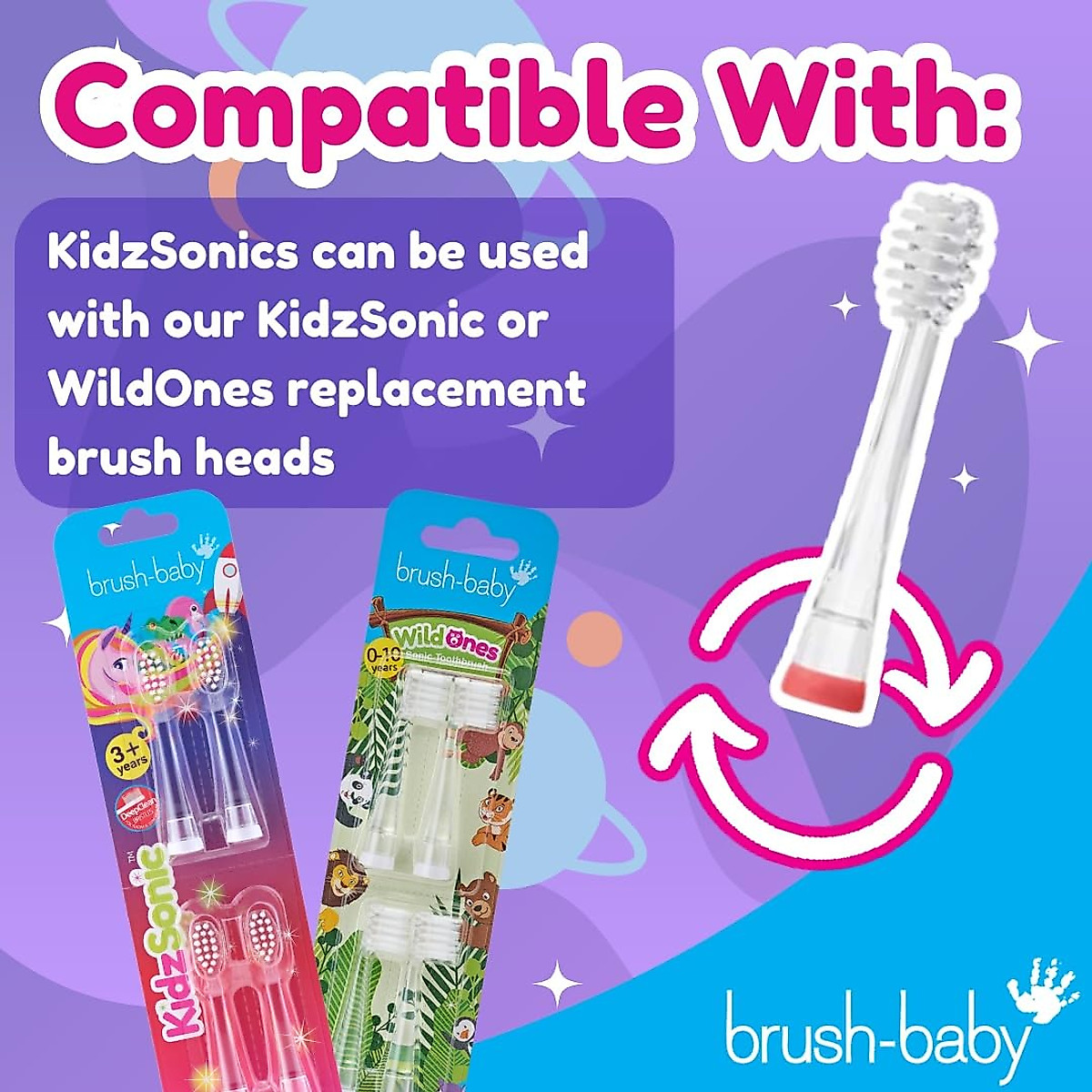 Brush Baby KidzSonic Toddler and Kid Electric Rocket Toothbrush for Ages 3+ Years - Disco Lights, Gentle Vibration, and Smart Timer Provide a Fun Brushing Experience - (2) 3+ yrs with Brush Heads