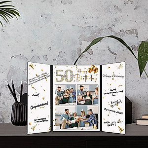DARUNAXY Black Gold 50th Birthday Party Decorations, Happy 50th Birthday Alternative Signature Guest Book for Men Women 50 Years Old Table Sign Picture Frame Gift 50 Birthday Card Board Party Supplies