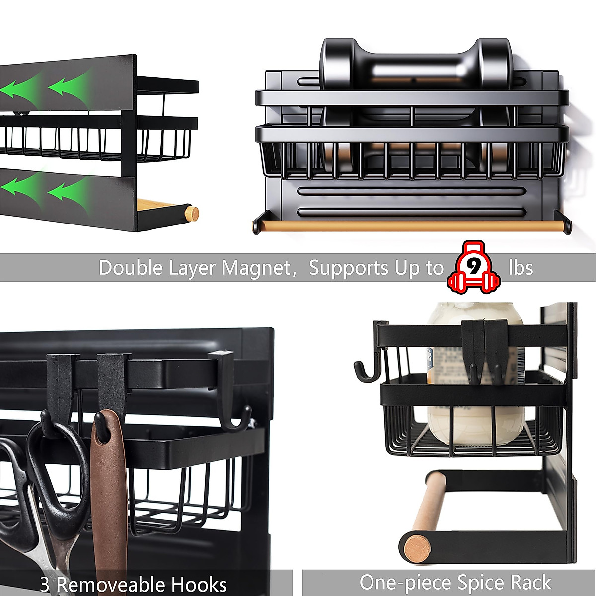 Sleclean Magnetic Spice Rack Organizer for Refrigerator, 2 Pack, Paper Towel Holder Magnetic, Kitchen Magnetic Shelf,11.8"x4.5"x6.3",Black