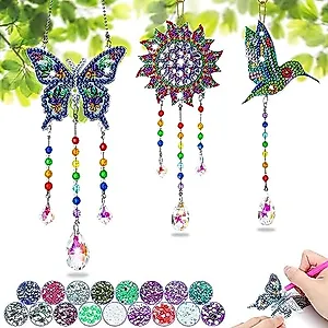 Diamond Painting Sun Catchers, 3 Pack Diamond Art Wind Chimes Diamond Art Kits, Wind Chime Kit Diamond Art Kits for Adults Crafts for Adults Women (Butterfly & Hummingbird & Sun)