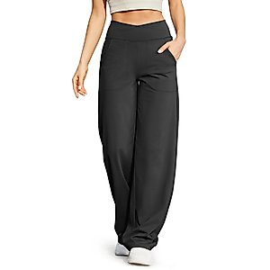 G4Free Wide Leg Pants for Women Flare Dress Yoga Pants with Pockets Stretch Lounge Business Casual Work Pants(Black,L,31")