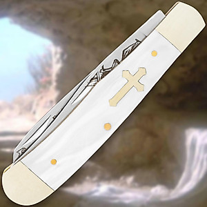 Salvation Pearl Trapper Pocket Knife | Laser Etched Stainless Steel Blades | John 3:16 | Jesus Christ Carrying Cross | Elegant Faux Pearl Handle Scales | Nickel Silver Bolsters | Closed Length 4"