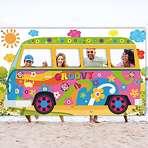60's Hippie Bus Photo Prop 60s Party Decorations Large Fabric Retro Groovy Van Prop Hippie Selfie Frame Backdrop Background Banner Birthday Party Supplies Retro 60s 70s Party Favors 65.8 x 35.4 Inch