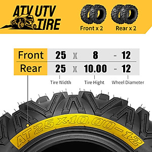TUFFIOM Set of 4 ATV UTV All-terrain Tires 25x8-12 Front & 25x10-12 Rear, 6 PR, Tubeless