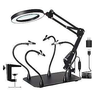 10X Magnifying Glass with Light and Stand, KUVRS Flexible Magnetic Helping Hands, Large Base & Clamp Magnifying Lamp, 3 Color Adjustable Arm Desk Magnifying Glass with Light for Soldering Craft Hobby