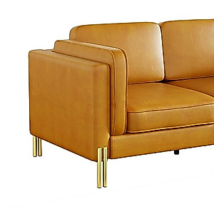Goohome 94.88" Large PU Faux Leather Sofa, Mid-Century Modern Comfort Breathable Upholstered 3-Seater Sofá with Gold Metal feet and Removable Cushions, for Living Room Furniture Apartment, E-Brown a