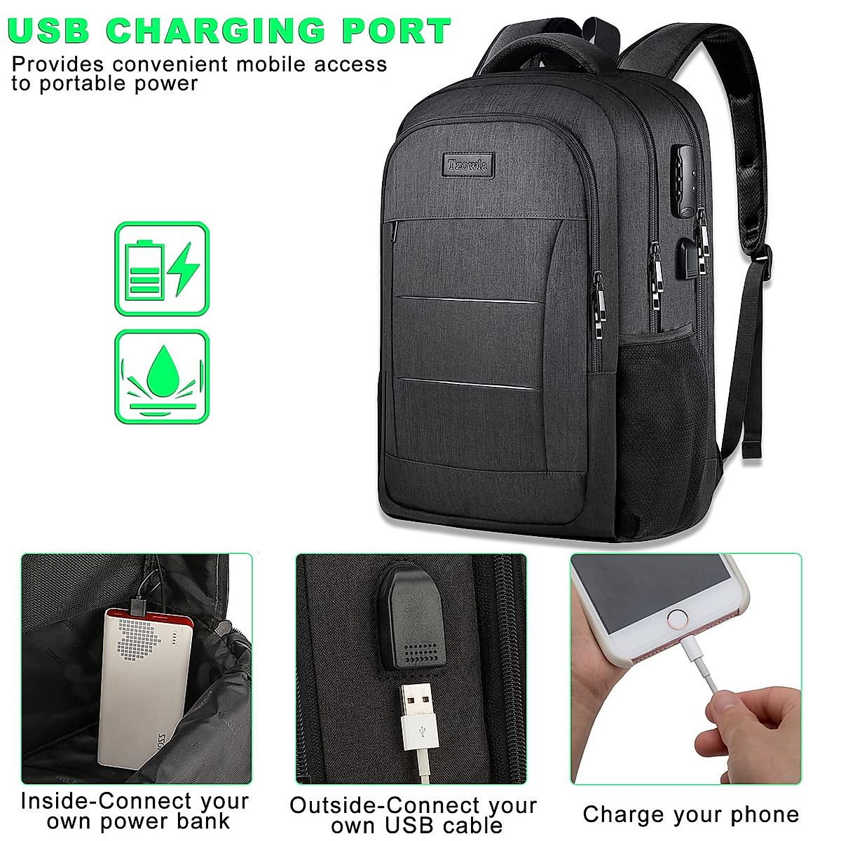 Tzowla Travel Laptop Backpack,Durable Water Resistant Anti-Theft 50L Extra Large 17.3 Inch with USB Charging Port and Lock Fit Computer Business Bookbag for Women Men Gift-Black