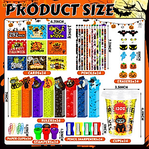 292 Pcs Halloween Party Favors, 24 Packs Stationery Supplies Set with Pencils Erasers Sharpeners Rulers Notepads Stampers Cups, Halloween Treats Goodie Bag Fillers for kids gifts, Classroom Prizes
