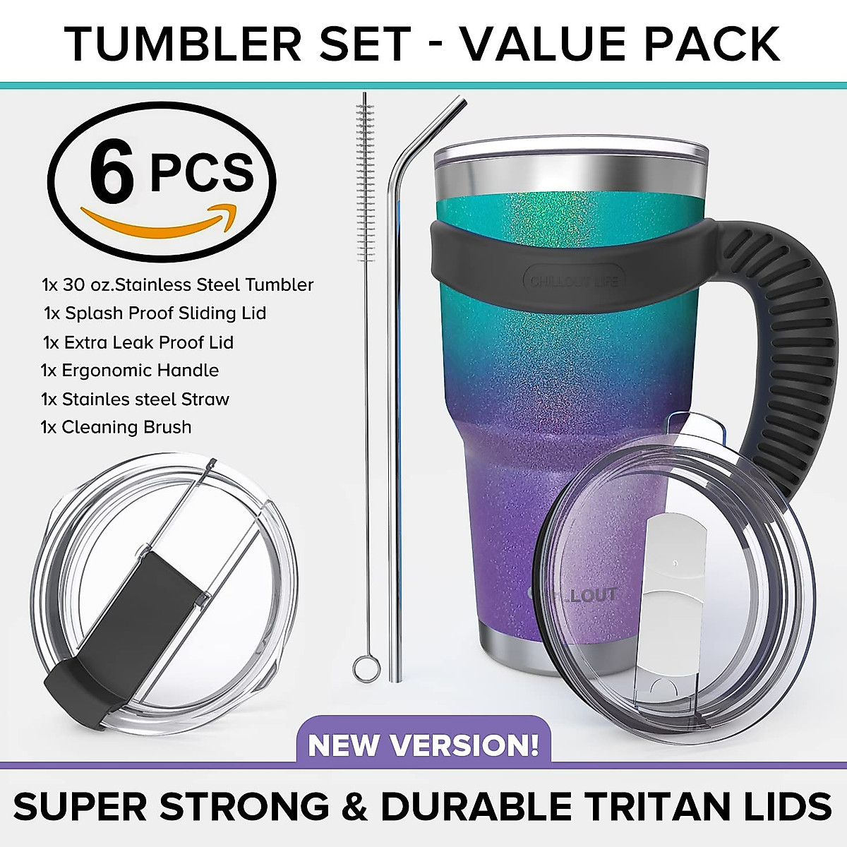 CHILLOUT LIFE Stainless Steel Travel Mug with Handle 30 oz – 6 Piece Set. Tumbler with Handle, Straw, Cleaning Brush & 2 Lids. Double Wall Insulated Large Coffee Mug Bundle