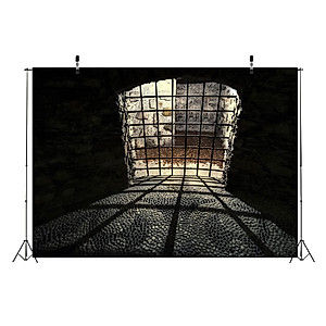 CORFOTO 5x3ft Fabric Medieval Jail Cell Backdrop for Photography Prison Window Light Background Old Dungeon Cell Party Decorations Murder Mystery Party Backdrop Photoshoot Booth Studio Props