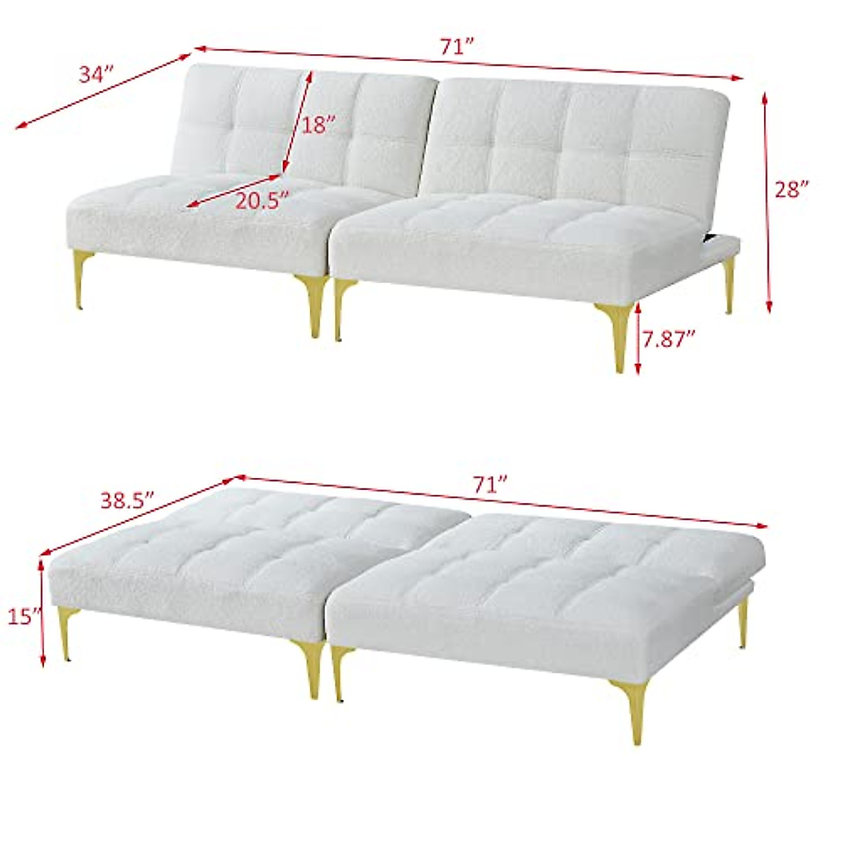 Convertible Couch Bed Futon with Gold Metal Legs, Modern Multi-Functional Convertible Sofa Bed, Teddy Fabric, Small Sectional Sofa, Perfect for Living Room, Bedroom, Office, Apartment (White)