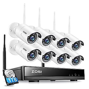 ZOSI 8CH 1080P Wireless Security Camera System with 1TB Hard Drive, H.265+ 8CH 1080P CCTV NVR,8PCS 1080P Indoor Outdoor WiFi Surveillance Camera,80FT Night Vision, Motion Alert,Remote Access