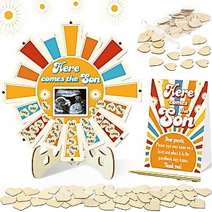 65 Pcs Here Comes The Son Baby Shower Decorations Guest Book, Here Comes The Son Baby Shower Guest Book with Photo Frame, 60 Wood Slices Baby Shower Guest Book Alternatives for Boys Kids Baby Shower