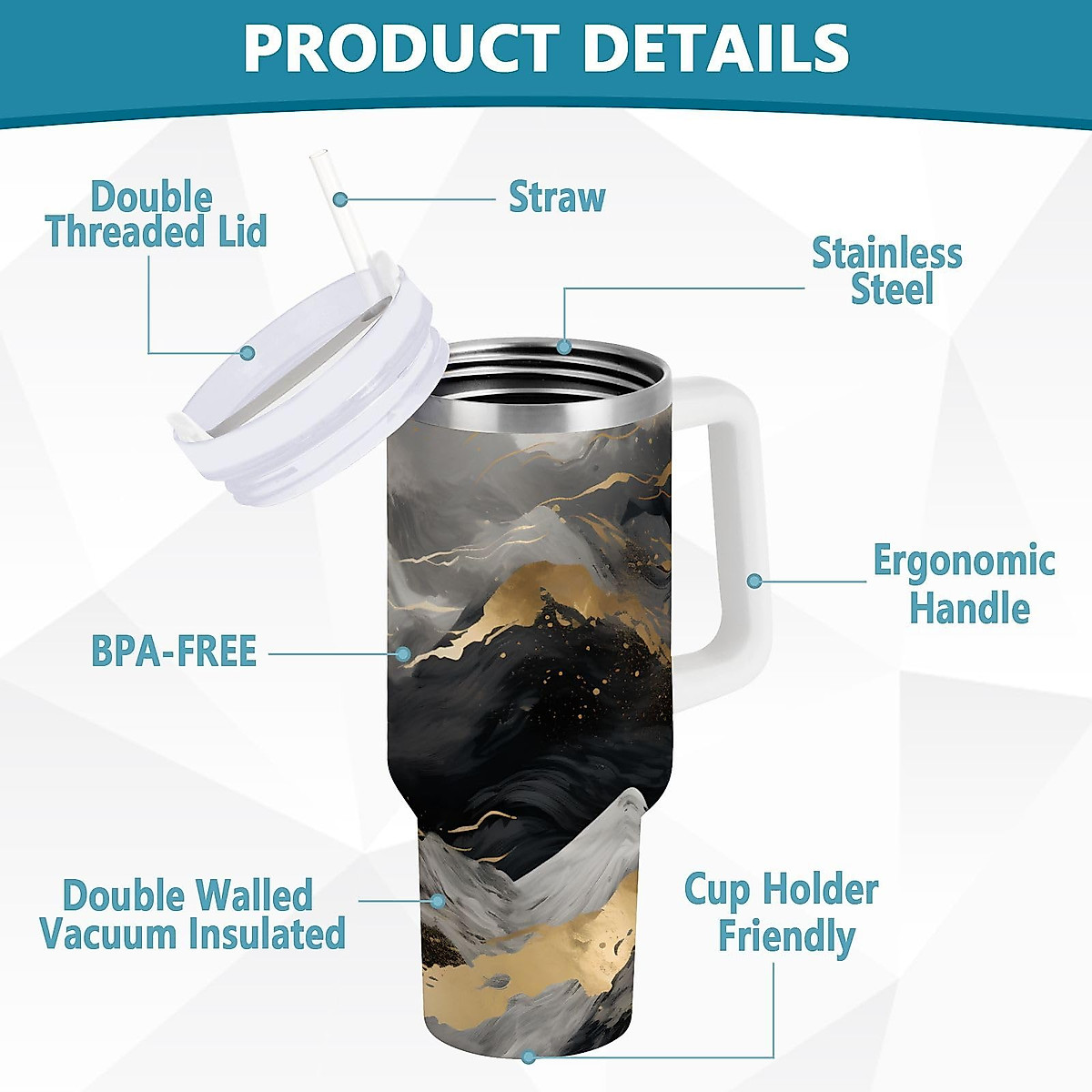 ALAZA Black & Gold Marble Mountain 40 oz Tumbler Stainless Steel Water Bottle Vacuum Insulated Cup with Straw Lid & Handle For Travel Car Cup Holder
