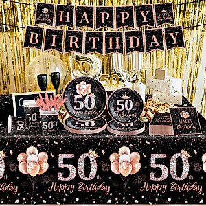 142Pcs 50th Birthday Tableware Decorations for Women Rose Gold Happy 50 Birthday Themed Tableware Set Disposable Tablecloth,Plates,Napkins,Cups,Forks and Knives of 50 Years Old Birthday Party