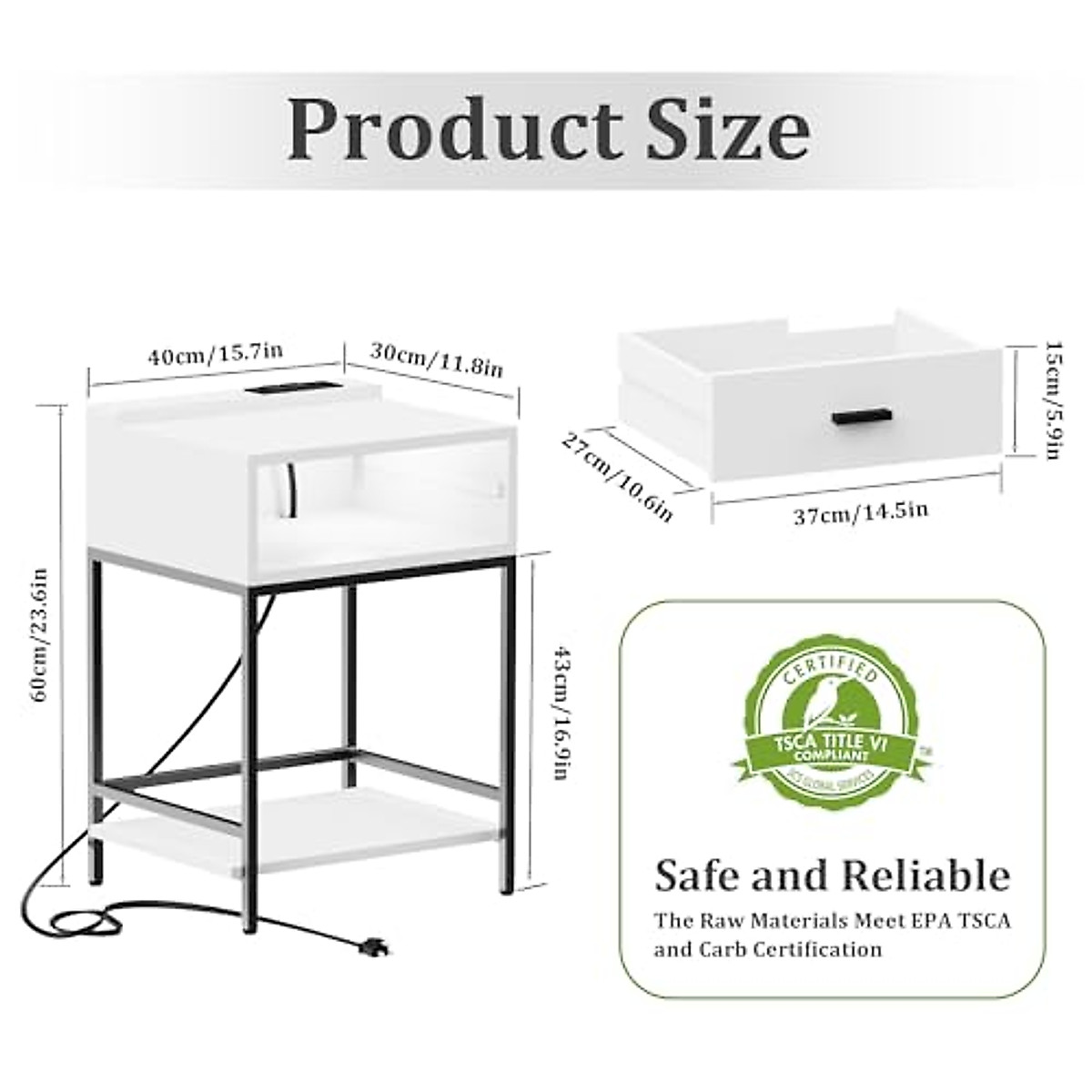 Facofaco White Nightstand with Charging Station and USB Ports, 3-Tier End Table with Wood Drawer Storage Shelf, Tall Small Bed Side Table for Small Spaces Living Room, Bedroom