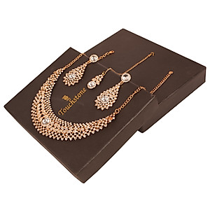 NEW! Touchstone Indian Bollywood Charming Workmanship Handcrafted Scintillating Faux Rhinestones Rivoli Shape Designer Jewelry Grand Bridal Hasli Necklace Set In Gold Tone For women.