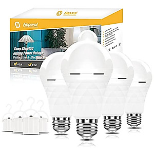 Neporal A19 Rechargeable Light Bulbs Emergency Light Bulb for Power Outages, Led Bulb 60 Watt Equiv., Self-Charging Light Bulb 1200mAh Battery Backup Light Bulbs for Daily, Emergency Use (Daylight)