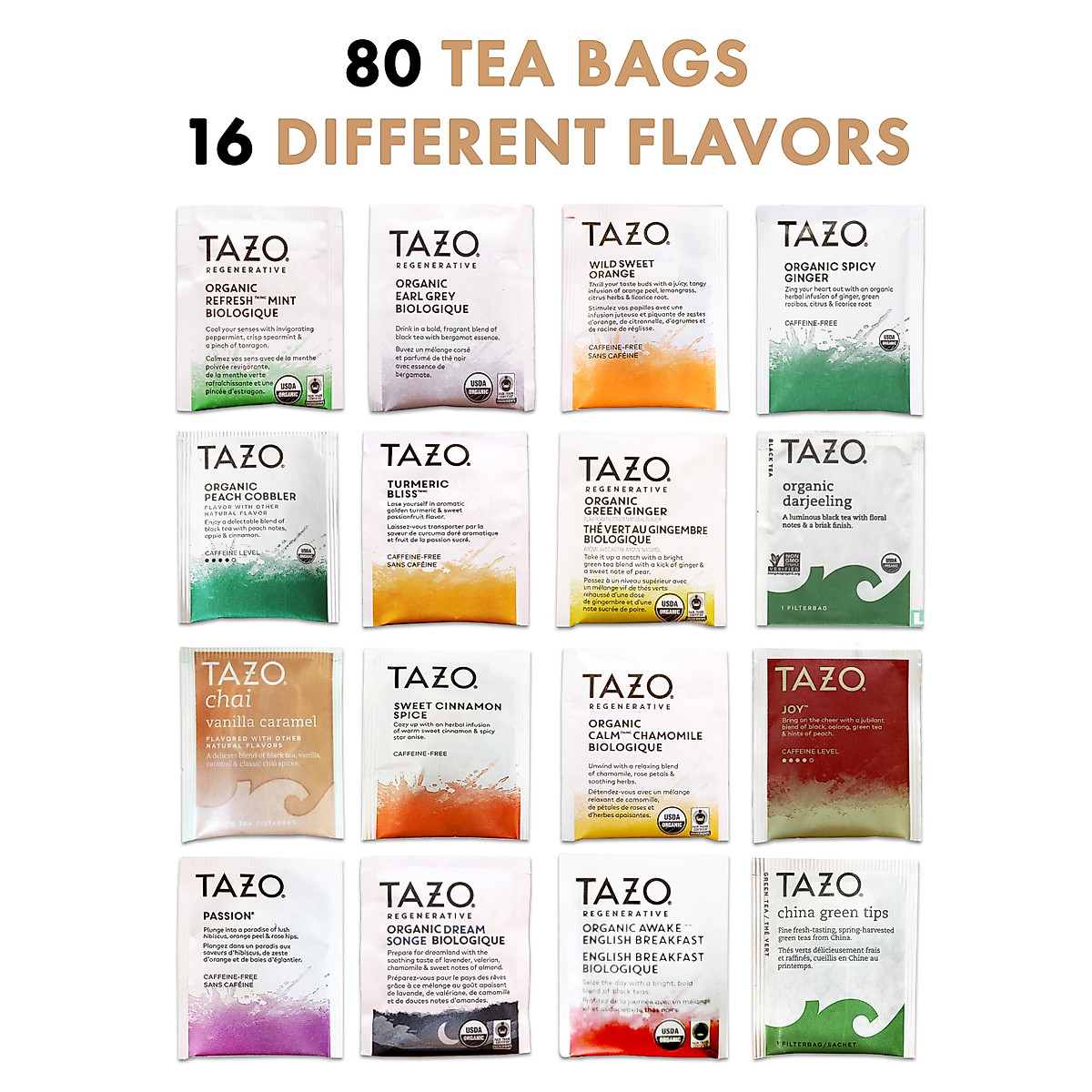 Eva's Gift Universe, Tazo Tea Bags Sampler Variety in Bamboo Tea Bag Organizer (80 Count) 16 Different Flavors Gifts for Parents Mom Dad Tea Lovers Couples
