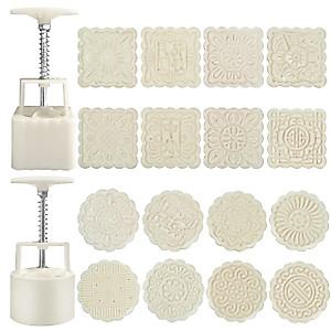 AIKEFOO Chinese Traditional Mid-Autumn Mooncake Mold，Biscuit Stamping Machine，18 pcs 100g/125g Different Round And Square Flower Pattern For 2 Sets.