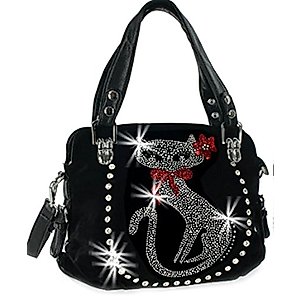 Zzfab Double Handles Rhinestone Cat Purse Black