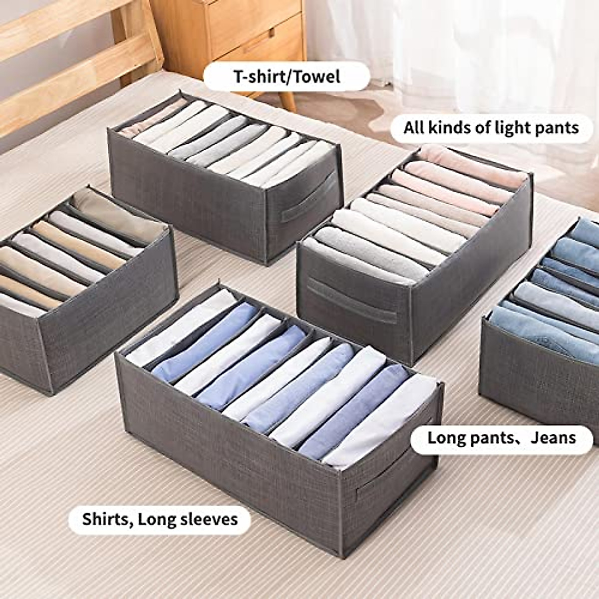 LOWFI 5-Piece Clothes Storage Box Foldable Closet Organizer Storage Container/Wardrobe Drawer Compartment Storage Box for Clothes, Pants, Underwear, Socks, Sheets, Etc. Storage (Gray)
