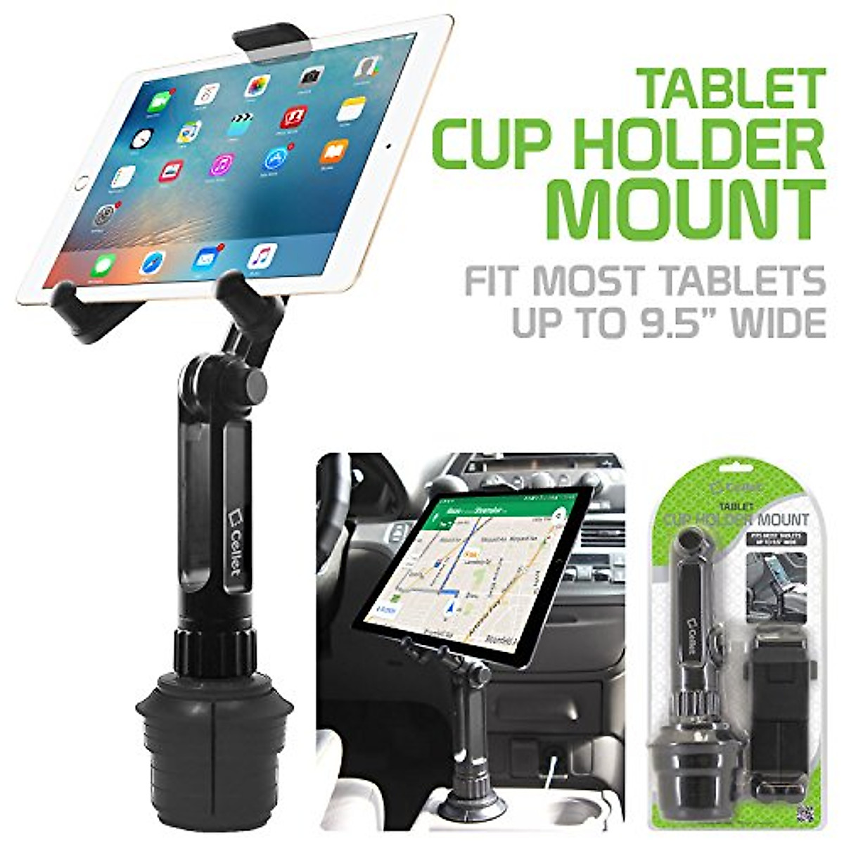 Cellet Universal 360 Adjustable Cup Holder Tablet Automobile Mount Cradle Compatible to Apple IPad Pro 12.9 IPad 9.7-inch Air 2019 IPad Mini 4 Samsung Galaxy Tab S4 S5e Surface Go Pro 6(PHC670M) 13in