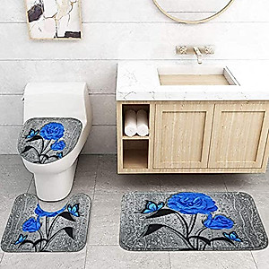 Alishomtll 4 Pcs Blue Rose Shower Curtain Sets with Non-Slip Rug, Toilet Lid Cover and Bath Mat, Butterfly Floral Shower Curtain with 12 Hooks, Waterproof Blue and Gray Shower Curtains for Bathroom