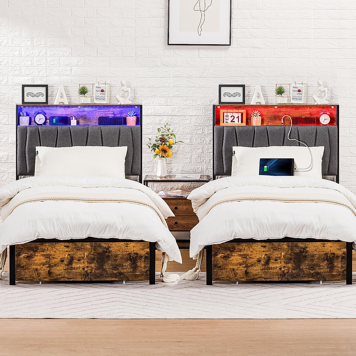 COMHOMA Twin Size Bed Frame, Platform Bed Frame with 2 Storage Drawers, Power Outlets, 2-Tier Storage Headboard and LED, Strong Support, No Box Spring Needed