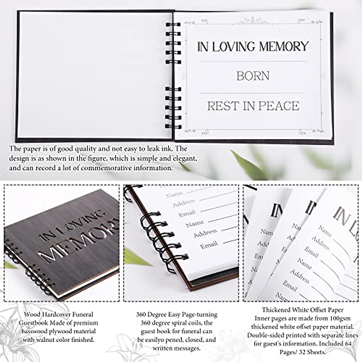 66 Pcs Funeral Guest Book Set Including Funeral Memorial Card Box Share a Memory Card Guest Book Pen Wooden Pen Holder Memory Table Signs Funeral Decorations Memory Signs for Funerals Farewell Party
