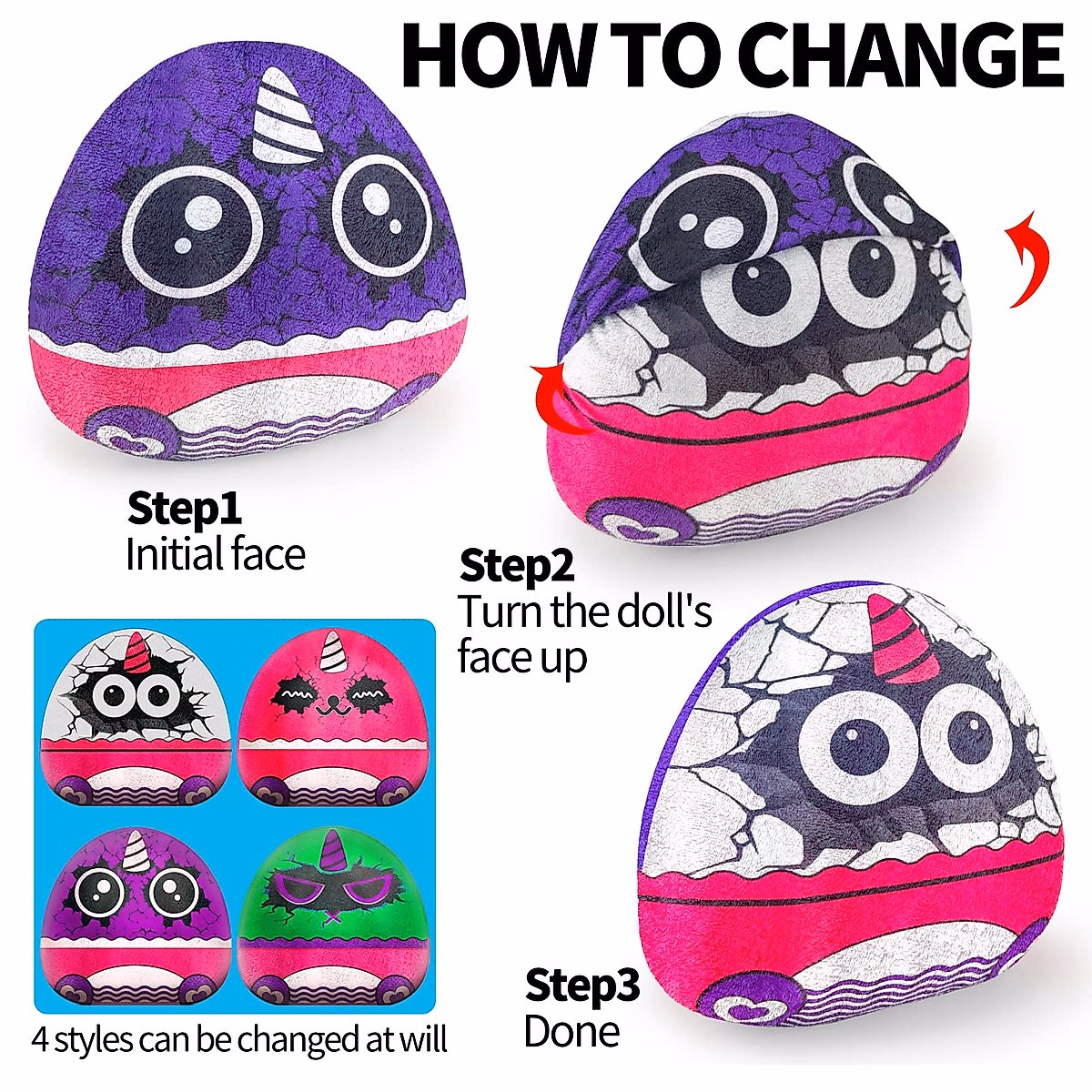 Plush Toy, 9" Soft Plush Toy Doll Plushie, Reversible Stuffed Animals 4 Sided Flip Mood Plushie Surprise Toy, Fidget Sensory Toys for Kids Boys Girls Chirstmas Gift