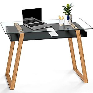 bonVIVO Massimo Small Desk - 43 Inch, Modern Computer Desk for Small Spaces, Living Room, Office and Bedroom - Study Table w/Glass Top and Shelf Space - Black