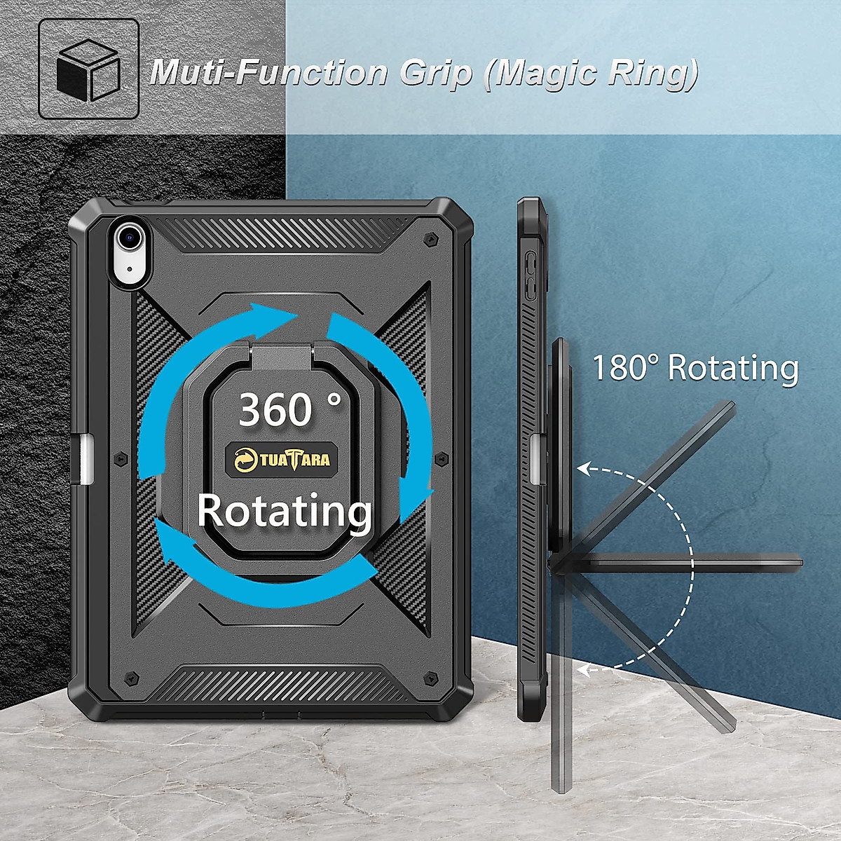 Fintie Case for iPad 10th Generation 10.9 Inch 2022 - [Tuatara Magic Ring] 360 Degree Rotating Grip Stand Shockproof Rugged Cover with Screen Protector and Pencil Holder, Black