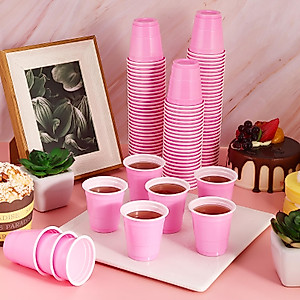 Blcculi 100 Pcs 2 oz Plastic Pink Shot Glasses - Disposable Party Cups for Jello Shots, Bachelorette and Birthday Parties - Mini Tasting Serving Shot Cups