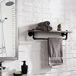 MyGift Rustic Torched Wood Small Bathroom Shelf Wall Mounted Industrial Metal Pipe Towel Bar