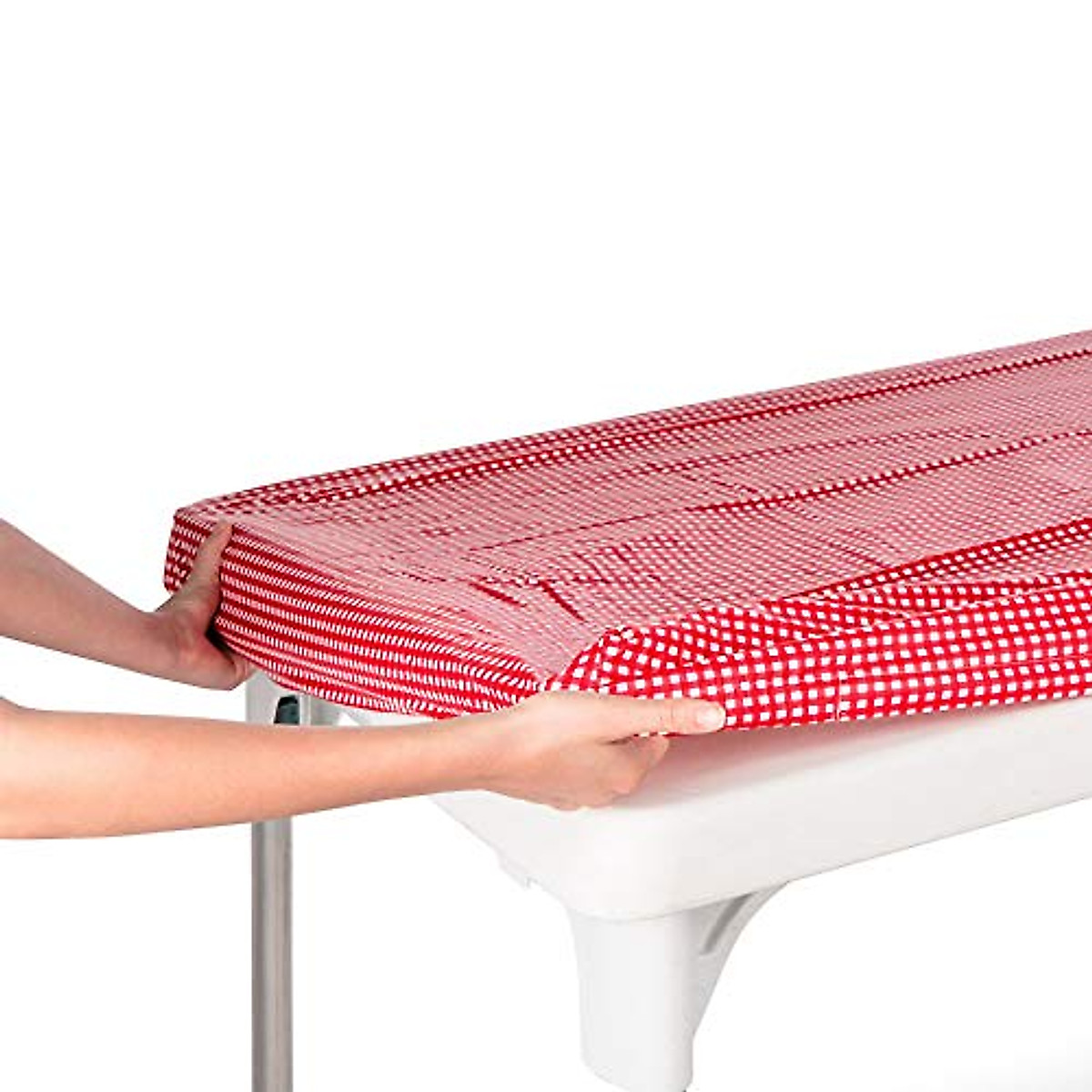 TopTableCloth Table Cover Red & White Checkered tablecloths Elastic Corner Fitted Rectangular Folding Table 6 Foot 30" x 72" Table Cloth Waterproof Vinyl Flannel Plastic Tablecloth for Camping Picnic