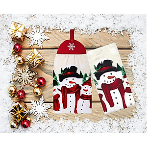 St. Nicholas Square Christmas Kitchen Print Towels, Set of 2, One Hanging Tie-Top with Button Loop Cotton Terry Towel Snowman Family for and Household Red, Black, Beige, Green, Orange 16 x 25 inches
