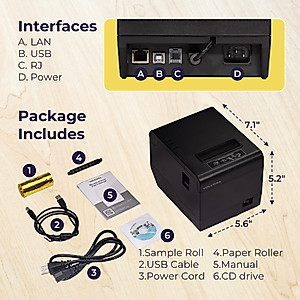 Volcora Thermal Receipt Printer, 80mm POS Printer w/Auto Cutter, USB/Ethernet Interface for Windows/MAC/Linux, ESC/POS Command Support Cash Drawer, High Speed Kitchen Printer, Wall Mount (Black)