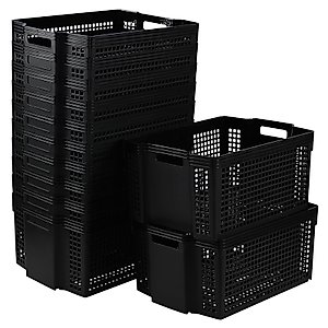 Begale 12 Pack Large Plastic Storage Baskets Organizer, Black Stacking Storage Basket Bin for Pantry, Shelves
