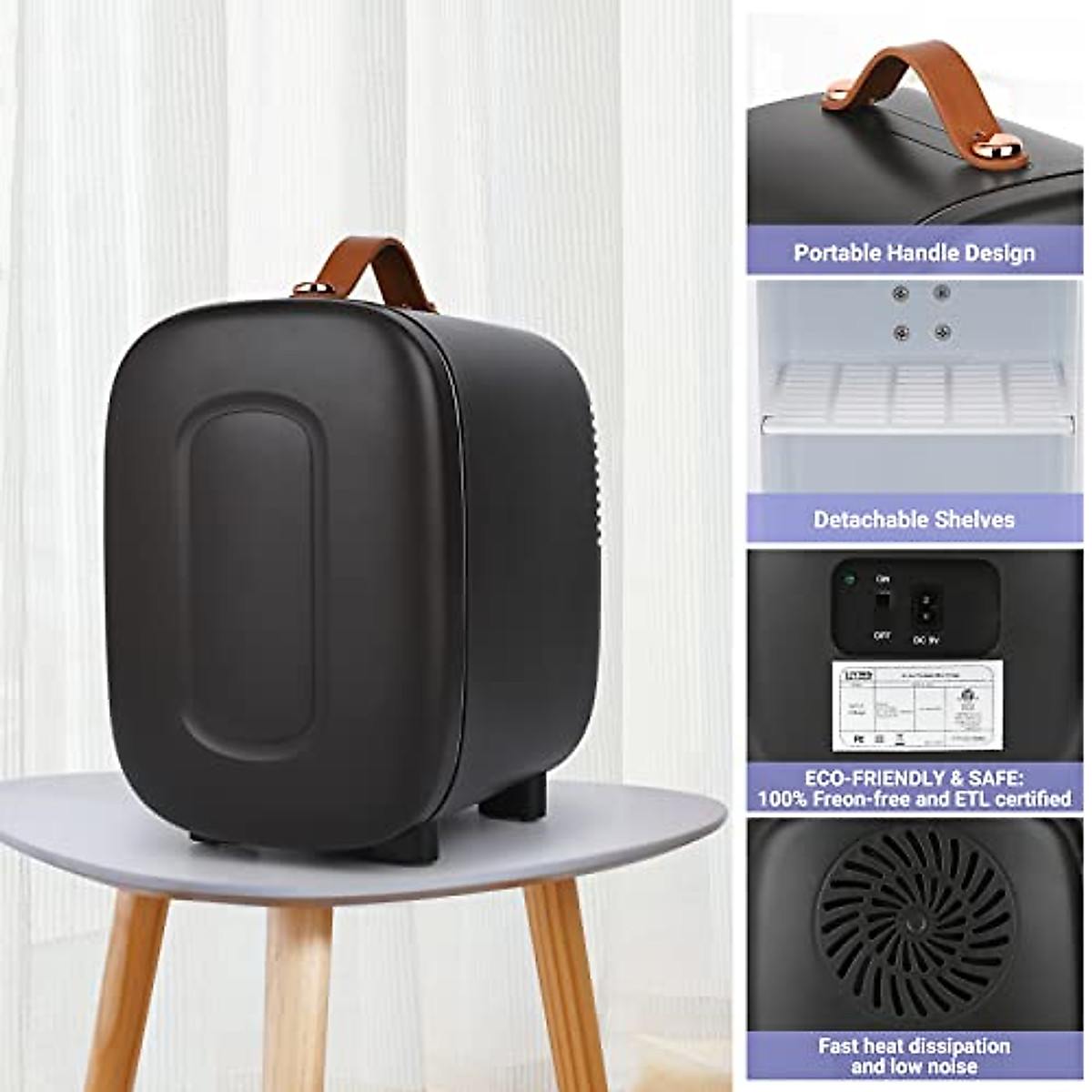 Living Enrichment Mini Fridge, 4L Skincare Fridge, Portable Small Refrigerator Cooler for Skincare, Beverage, Food, Cosmetics, Home, Bedroom, for Christmas Gift - Black