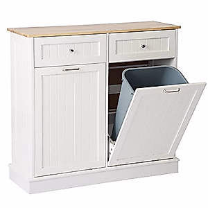 LOUVIXA Tilt Out Trash Can Cabinet Dog Proof with Double Wood Hidden Holder, Kitchen Free Standing Recycling Cabinet（White）