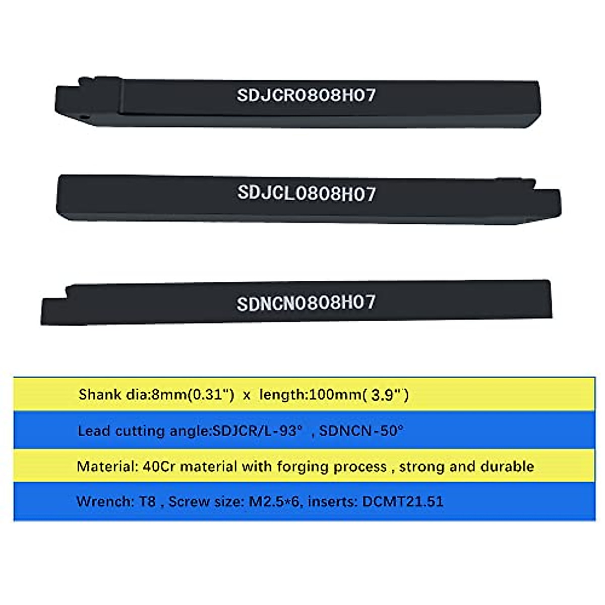 RHFGYY 10pcs DCMT070204 DCMT21.51 Carbide Turning Inserts with 3pcs Indexable Turning Tool Holders SDJCR0808H07 + SDJCL0808H07 + SDNCN0808H07 CNC Lather Tools