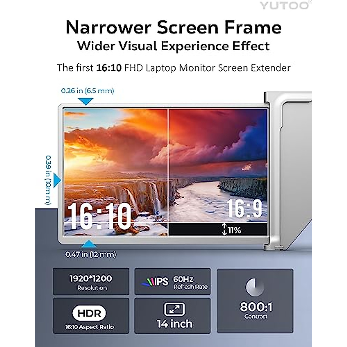 YUTOO 14" Triple Monitor for Laptop, [Only 1 Cable to Connect][16:10], FHD 1200P IPS Display, Laptop Monitor Screen Extender, for Windows, MacOS for 15”-17.3” Laptop