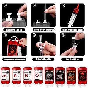 Garma 80 Packs Halloween Blood Bags for Drinks, 8 Design IV Bag Reusable Drink Pouches Containers Jello Shot Syringes and Clips Pouch Prop for Vampire Zombie Hospital Theme Party Supplies