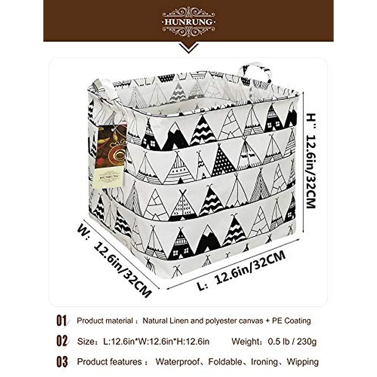 HUNRUNG Square Storage Bins Nursery Hamper Canvas Laundry Basket Foldable with Waterproof Nursery Boxes for Shelves/Gift Baskets/Toy Organizer/Children Room Decor（Square-Tent）