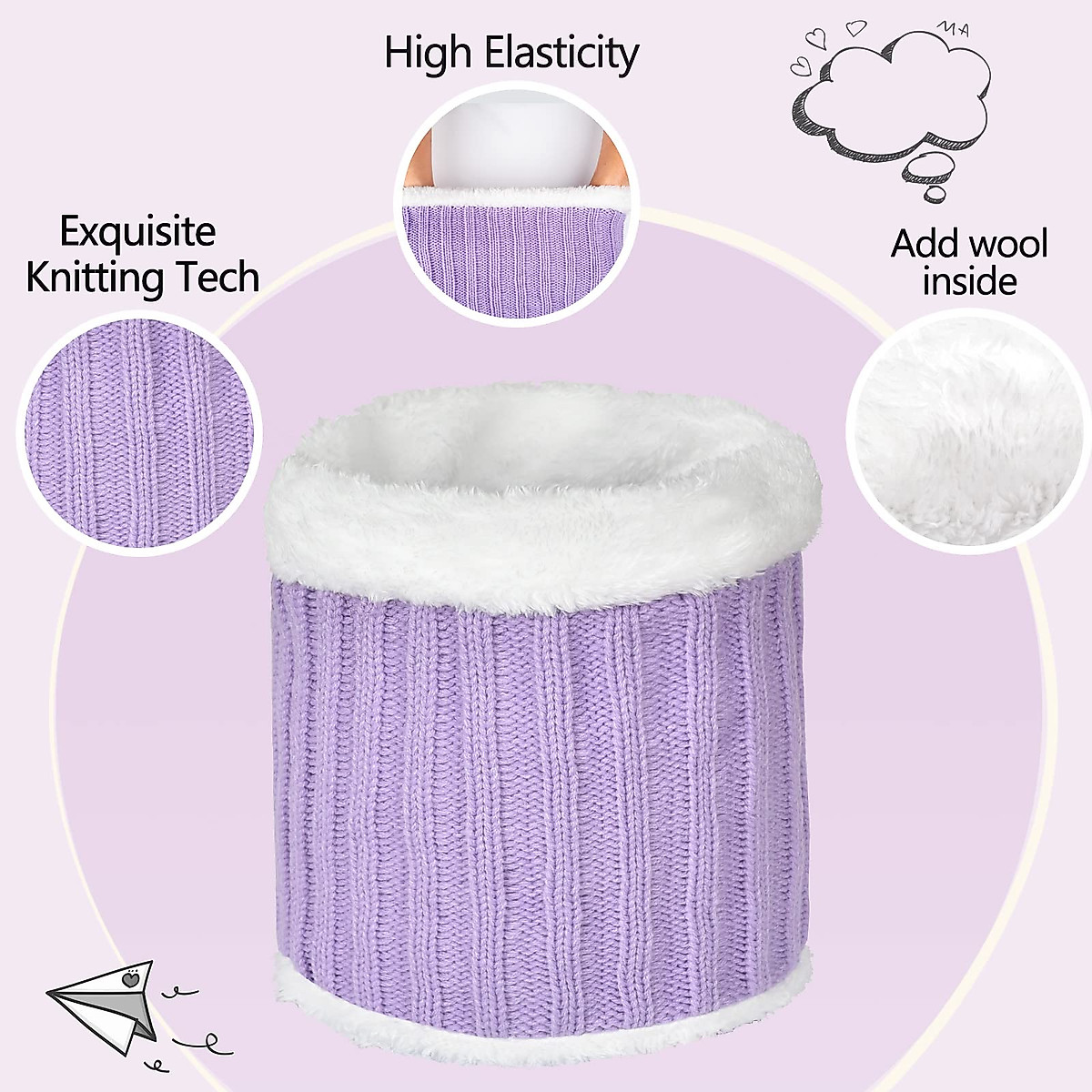 Kids Winter Knit Beanie Hat Scarf and Gloves Set for Girls Boys Warm Thick Fleece Lined Thermal Purple Skull Cap Mittens Infinity Scarf Neck Warmer with Pompom for 6-10 Years Old Baby Toddler Children