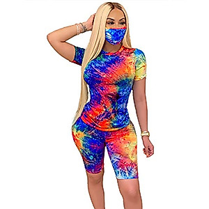 Alunzoem Biker Shorts Sets for Women, Track Suits Outfits Tie Dye Short Sleeve Shirt and Shorts Set Blue-Orange M