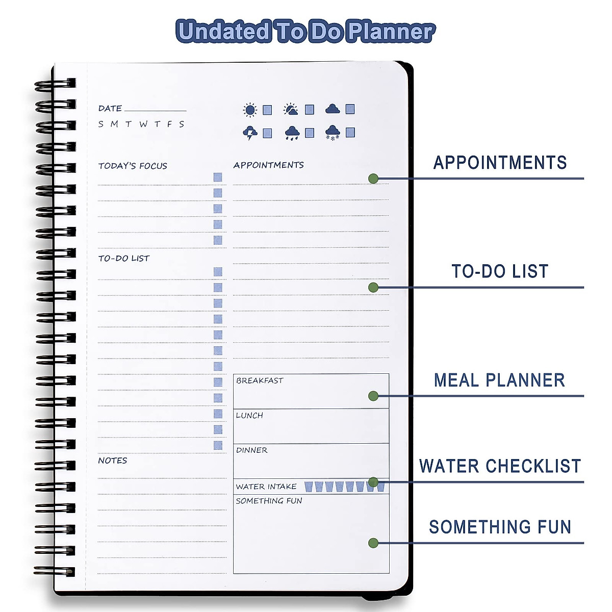 UtyTrees Undated Daily Planner: 5.7"x8.5" 144 Pages, Daily To Do List Notebook, Daily Journal with Meals Planner, Office Organization Unisex Planners, Black