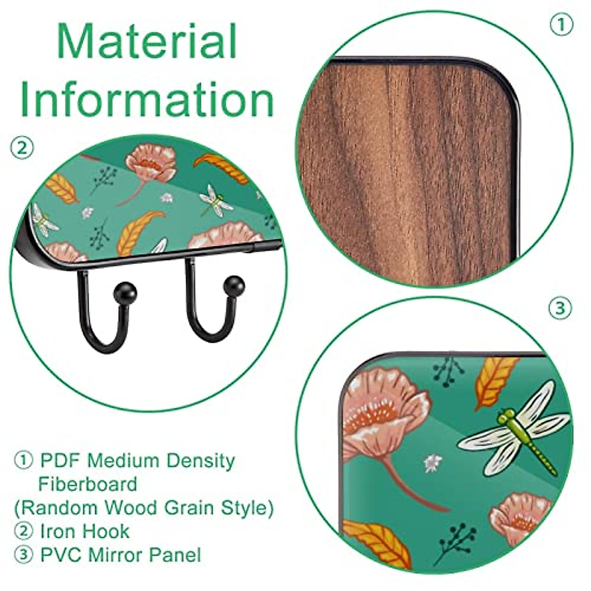 Adhesive Hooks Towel Hooks, Wall Hooks Stick on Bathroom/Kitchen/Bedroom Botanical Flowers Leaves Dragonfly